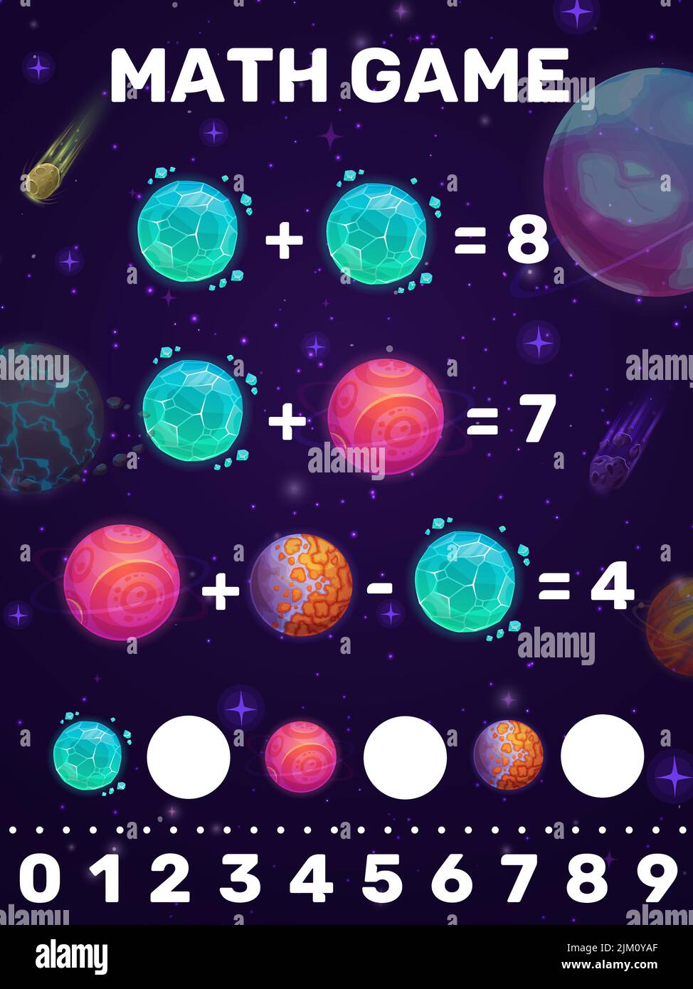 Math game addition puzzle worksheet. Cartoon galaxy space planets and ...