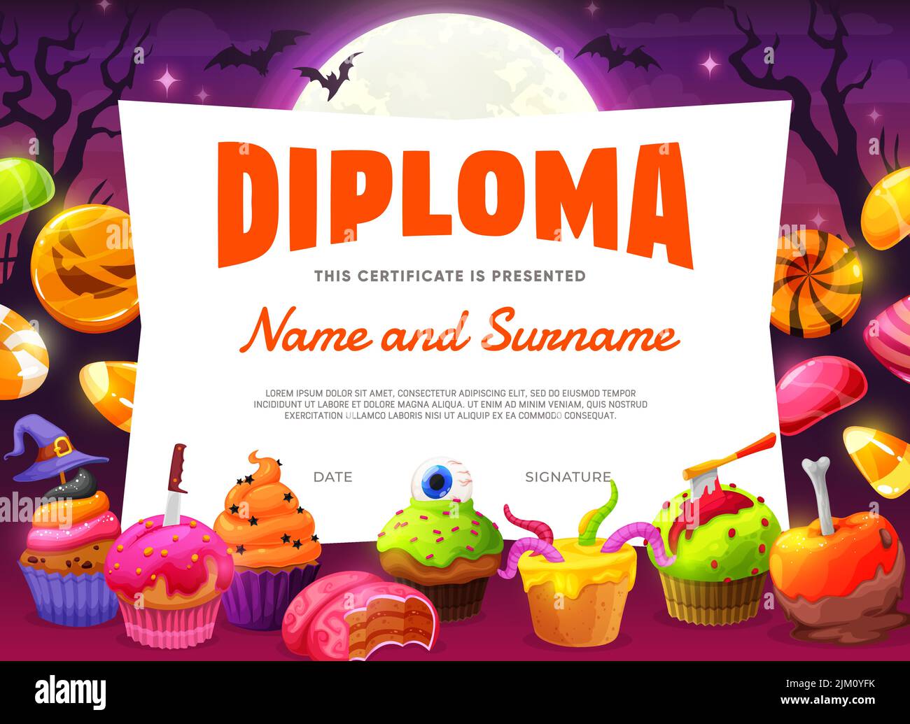 Halloween kids diploma. Cartoon candies, cookie and sweets. Creepy ...