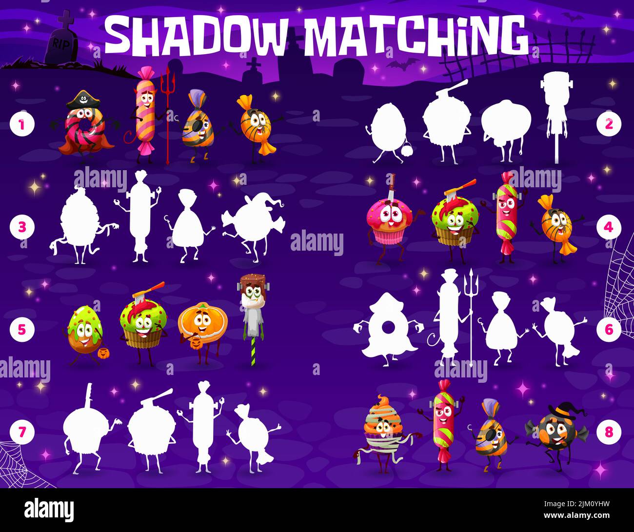 Shadow matching game worksheet, cartoon Halloween candy characters ...