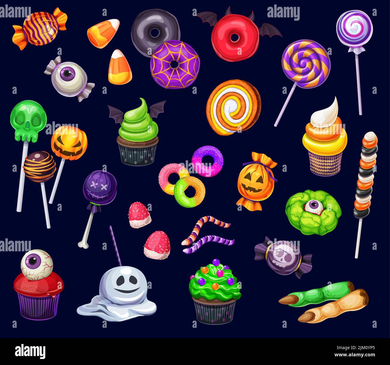 Cartoon Halloween sweets, cupcakes, lollypops, donuts, candy corn ...