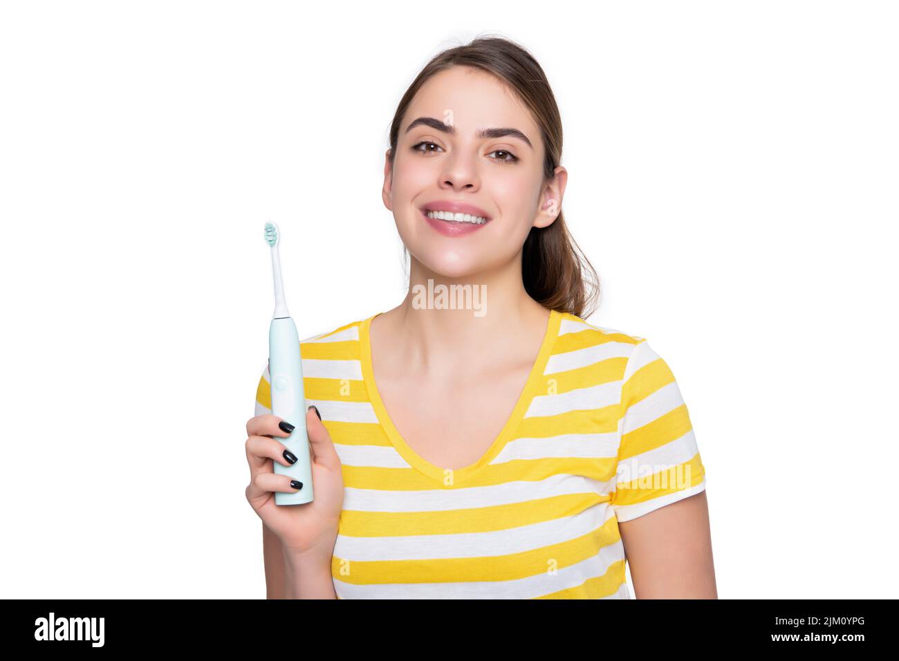 happy woman with electric toothbrush isolated on white background Stock ...