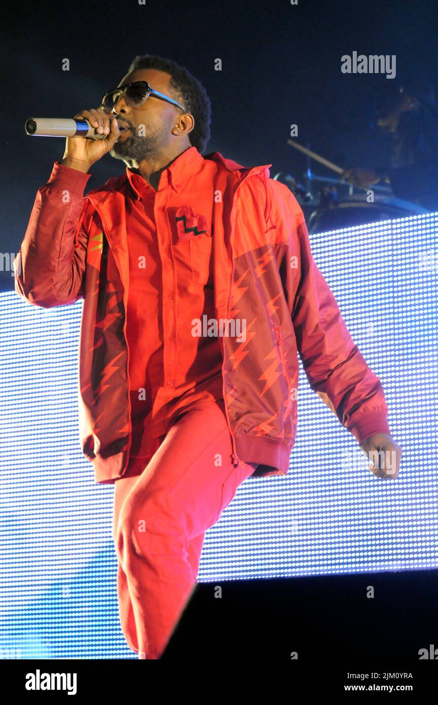 A closeup of Kanye West performing live at the Gibson Amphitheatre in ...