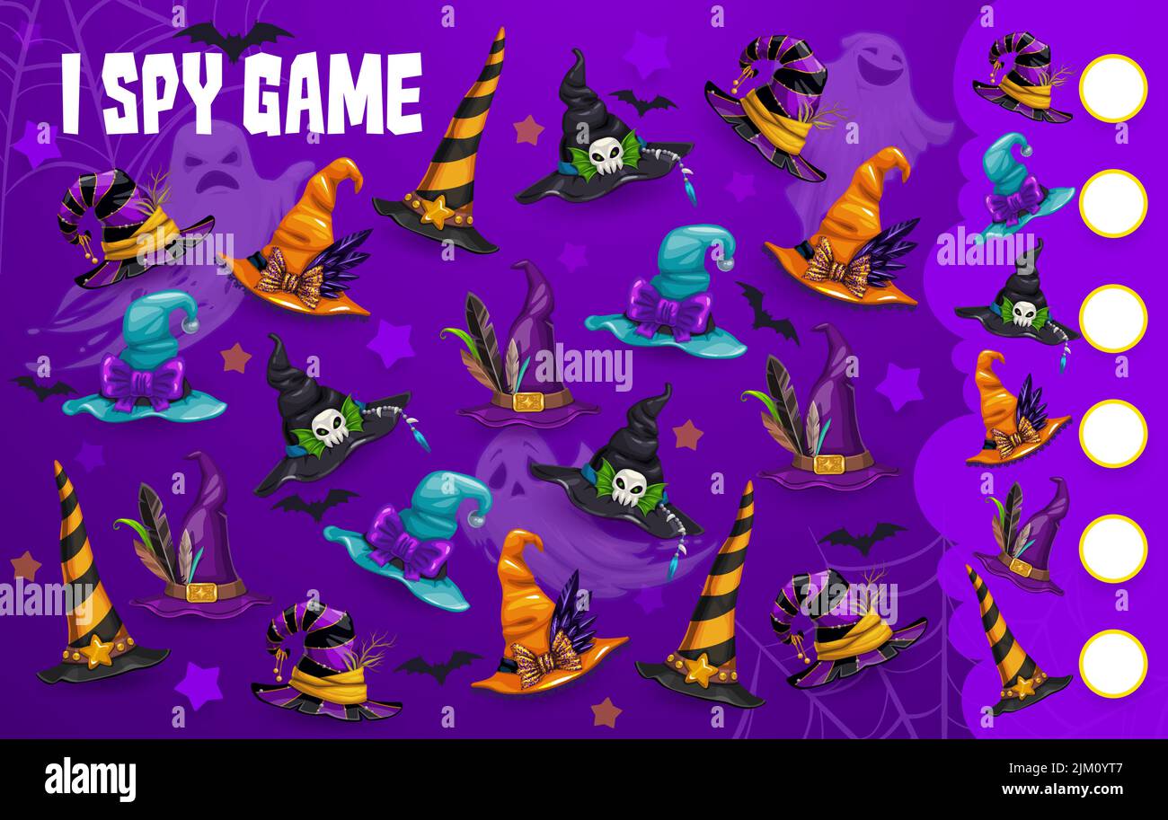 Halloween I spy game, find two same witch and wizard hats, vector ...