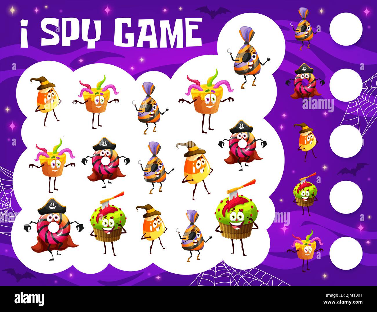 I spy game, cartoon Halloween candy characters vector puzzle or riddle ...