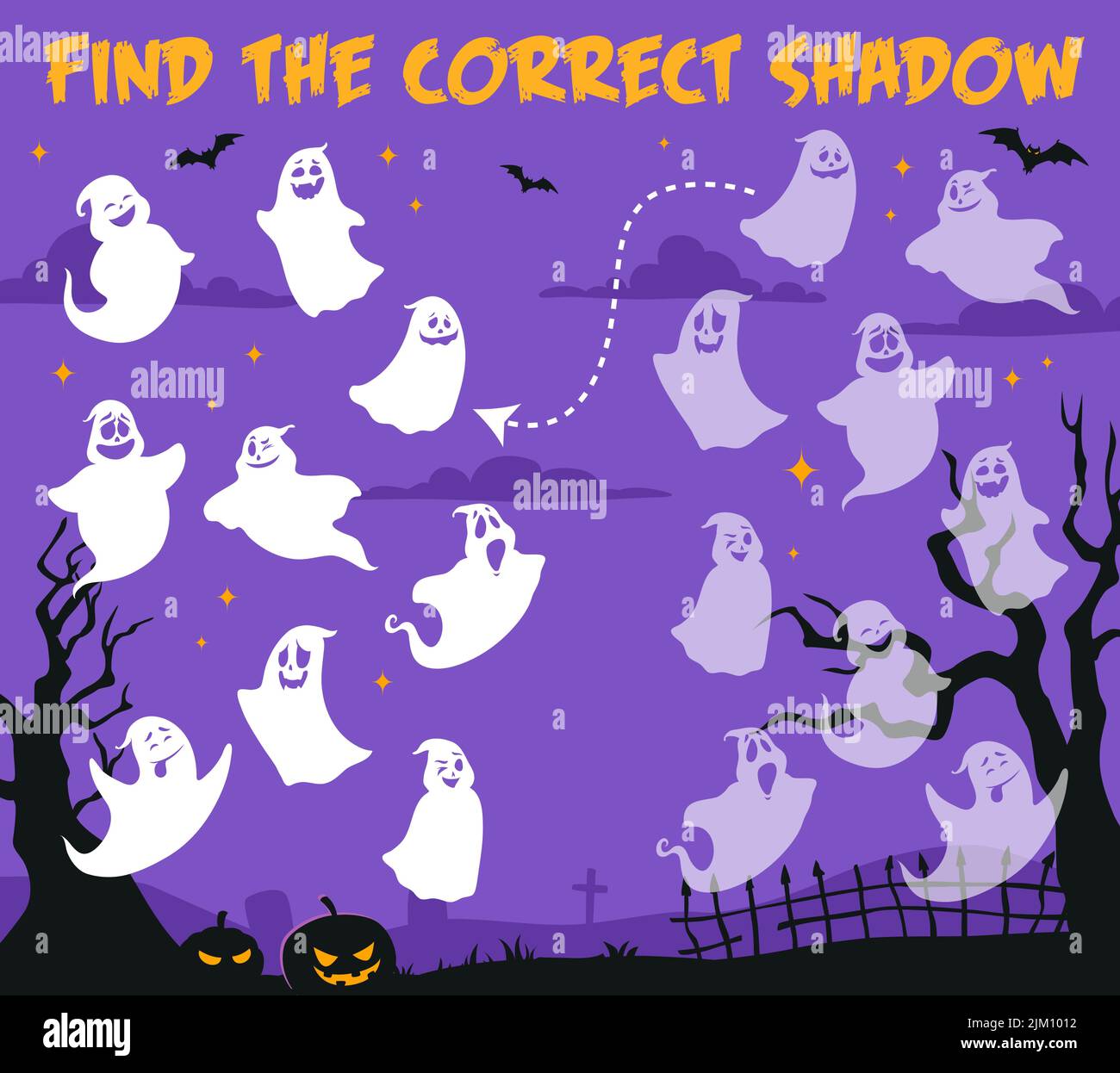Find correct shadow, Halloween ghosts on cemetery, vector kids puzzle ...