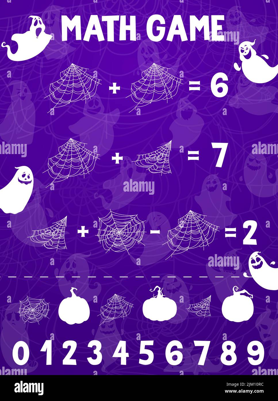 Halloween math game worksheet. Cartoon spiderweb and cobweb, ghost ...
