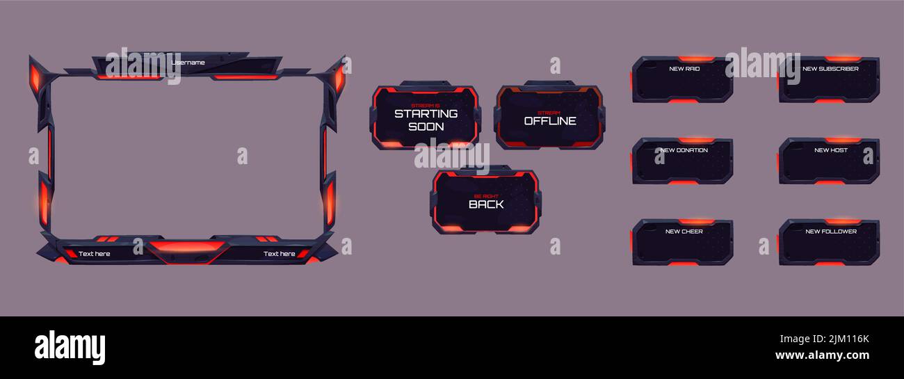 Game stream overlay, ui frame with red neon glow. Twitch streaming screen, gamer username menu ...