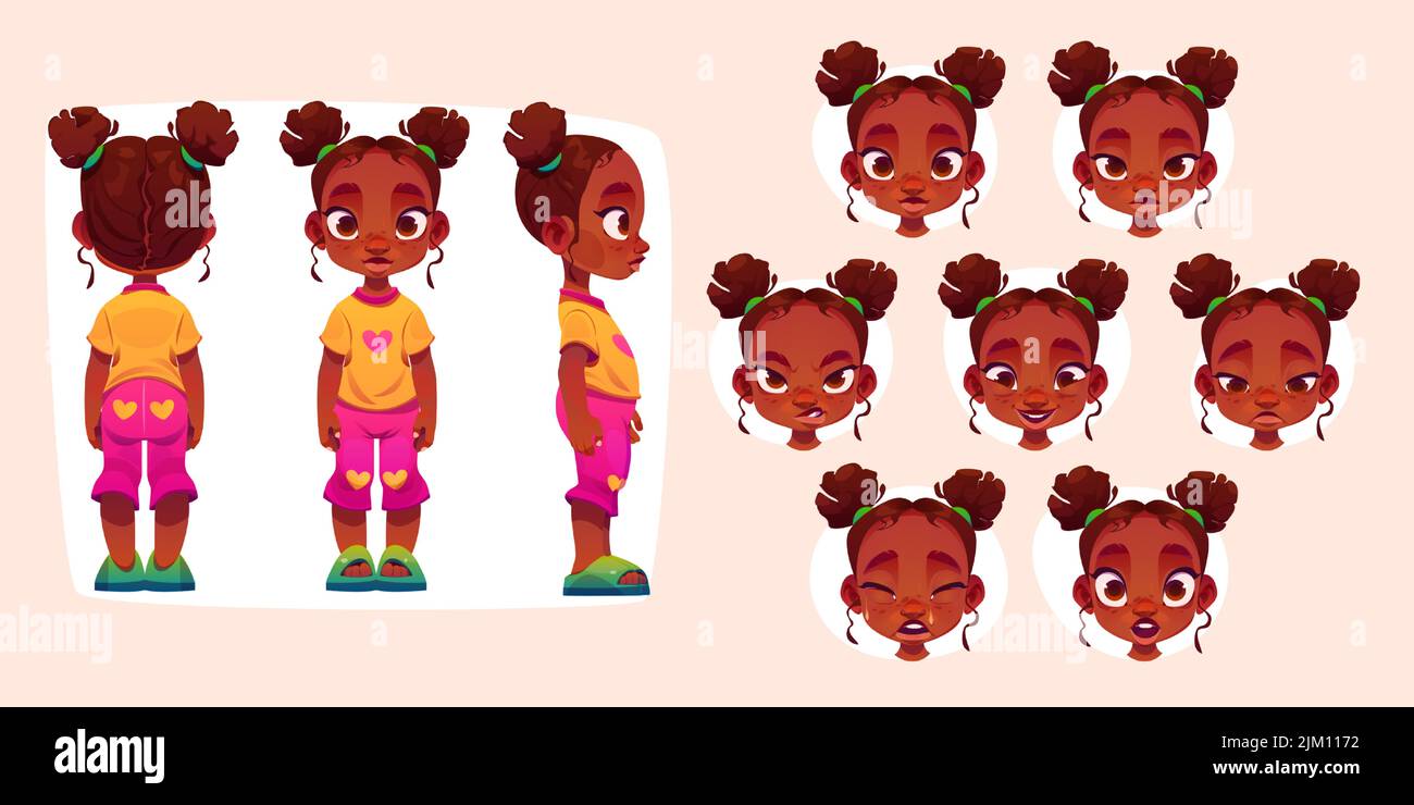 Little black girl cartoon character for animation front, side and rear ...