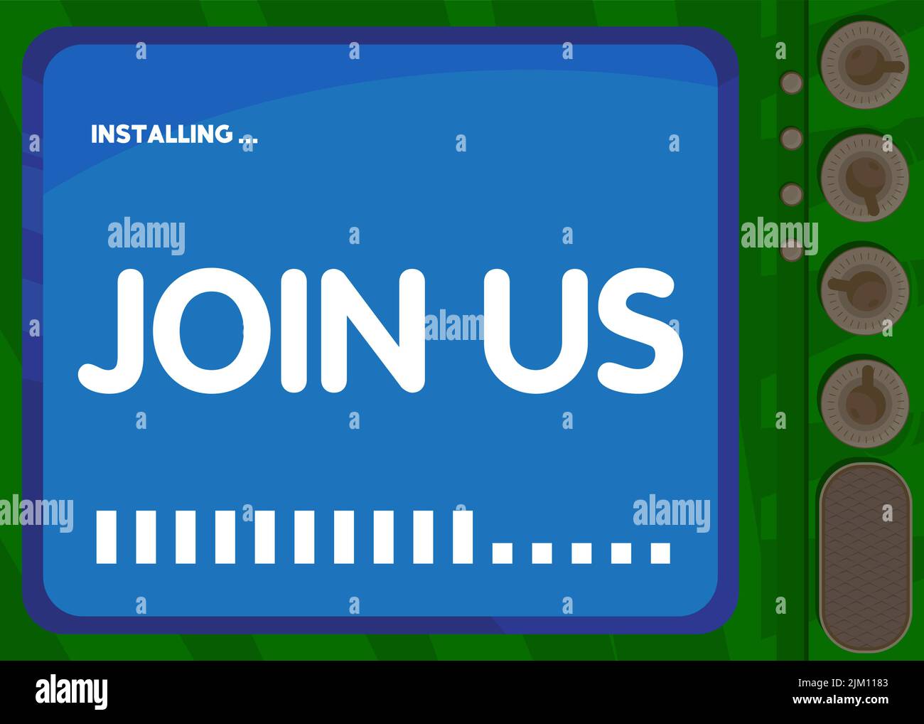 Cartoon Computer With the word Join Us. Message of a screen displaying ...