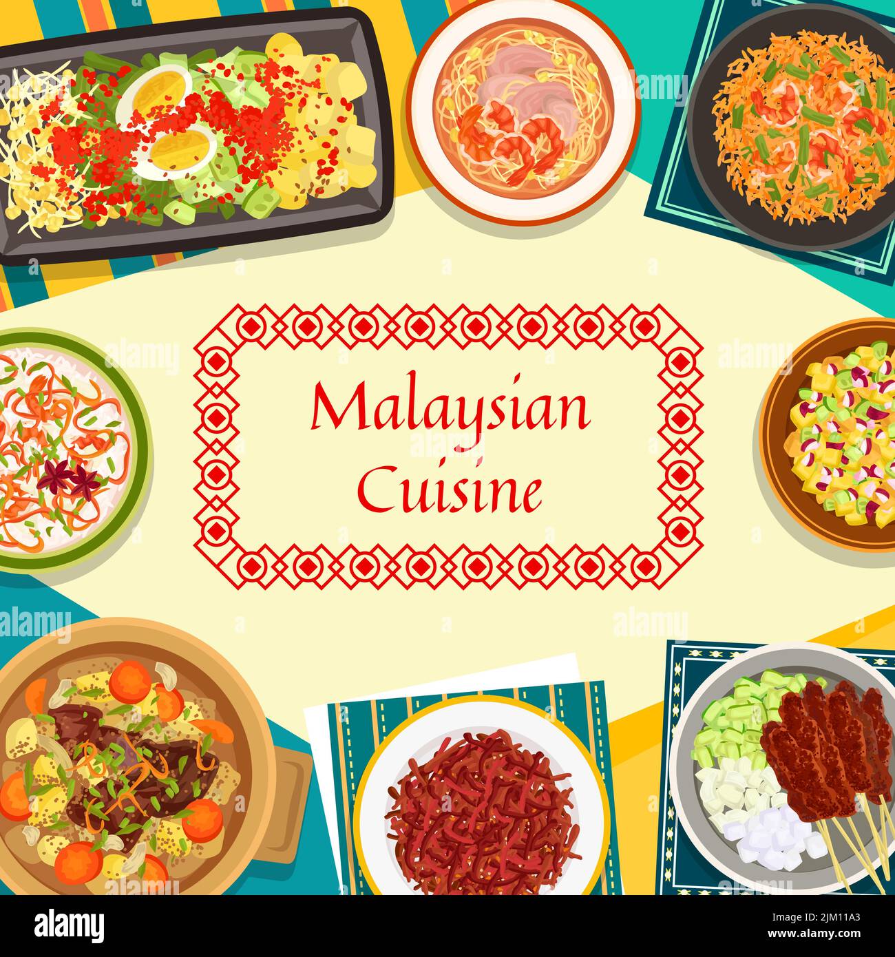 Malaysian cuisine menu cover with food dishes and meals, Asian ...