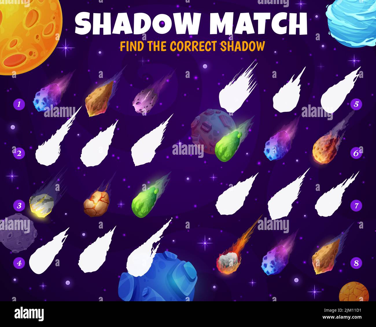Shadow match game. Space comets, asteroids and meteors on shadow ...
