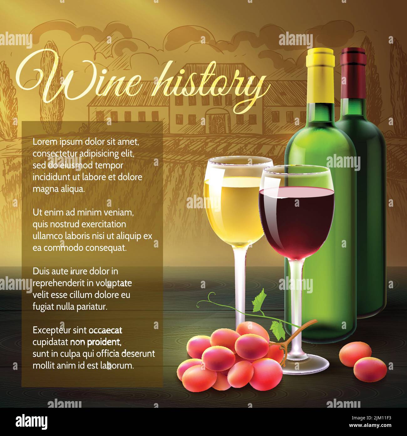 Wine background with realistic bottles glasses and grape branch vector ...