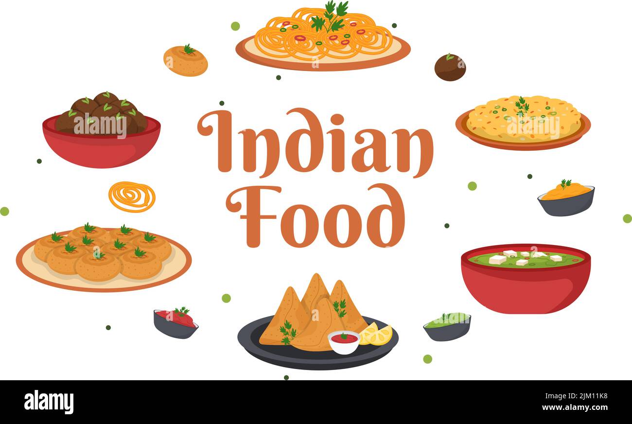 Indian Food Cartoon Illustration with Various Collection of Delicious ...