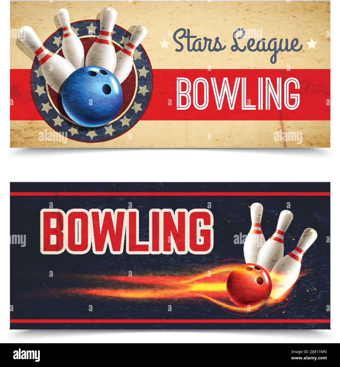 Bowling horizontal banner set with game pins and ball in fire isolated ...
