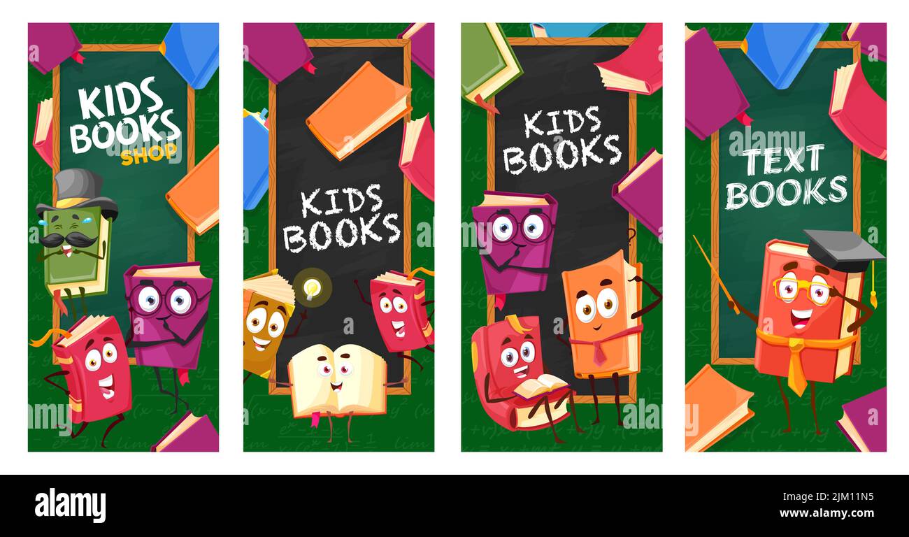Kids books, textbooks and bestsellers, cartoon characters, vector ...