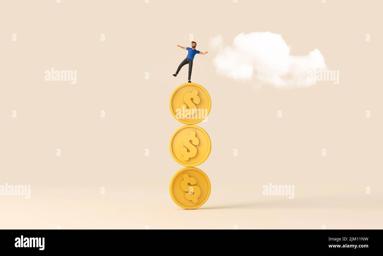 Person balancing on top of a dollar currency coin. Uncertain economy ...
