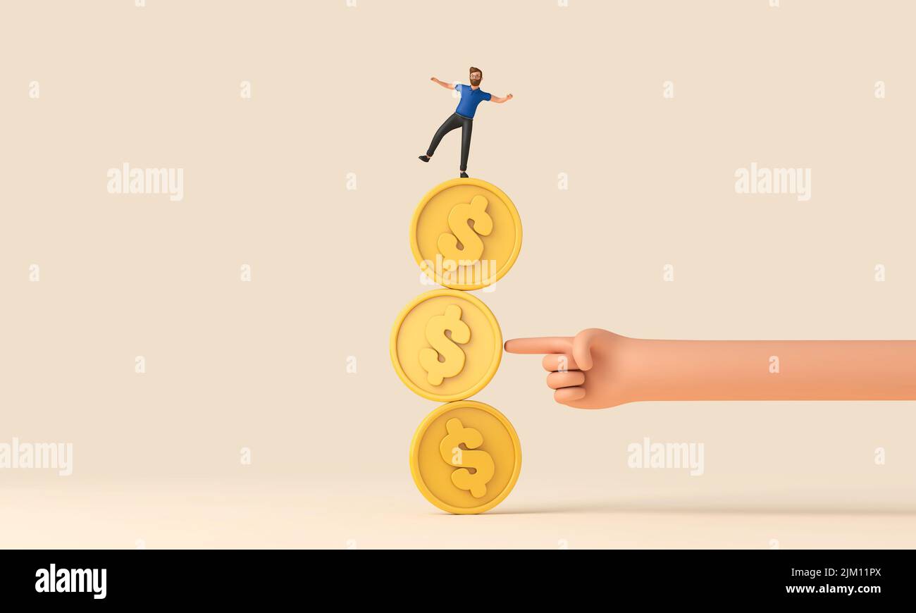 Person balancing on top of a dollar currency coin. Uncertain economy ...