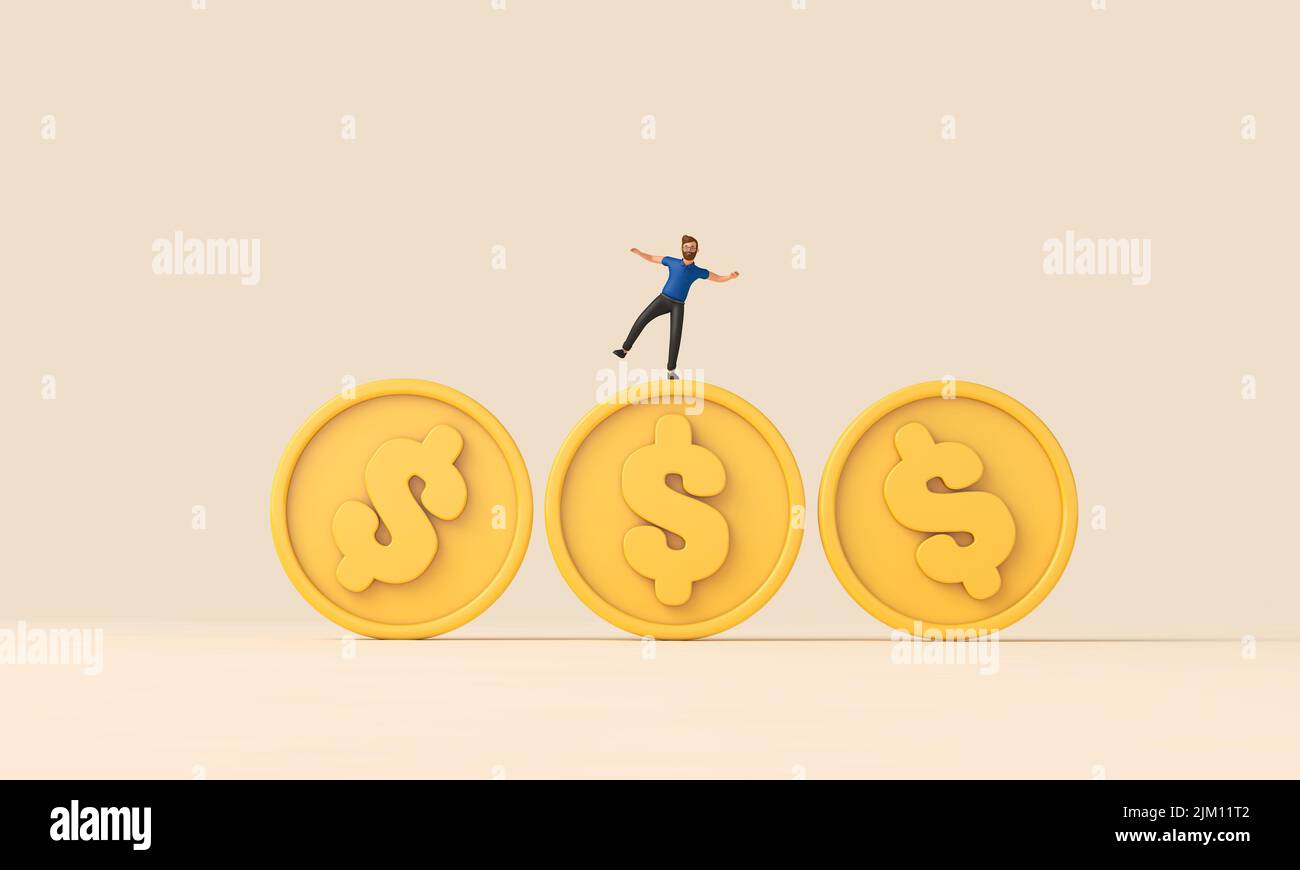 Person balancing on top of a dollar currency coin. Uncertain economy ...