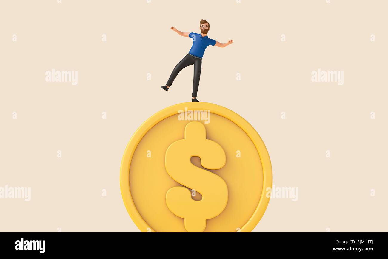 Person balancing on top of a dollar currency coin. Uncertain economy ...