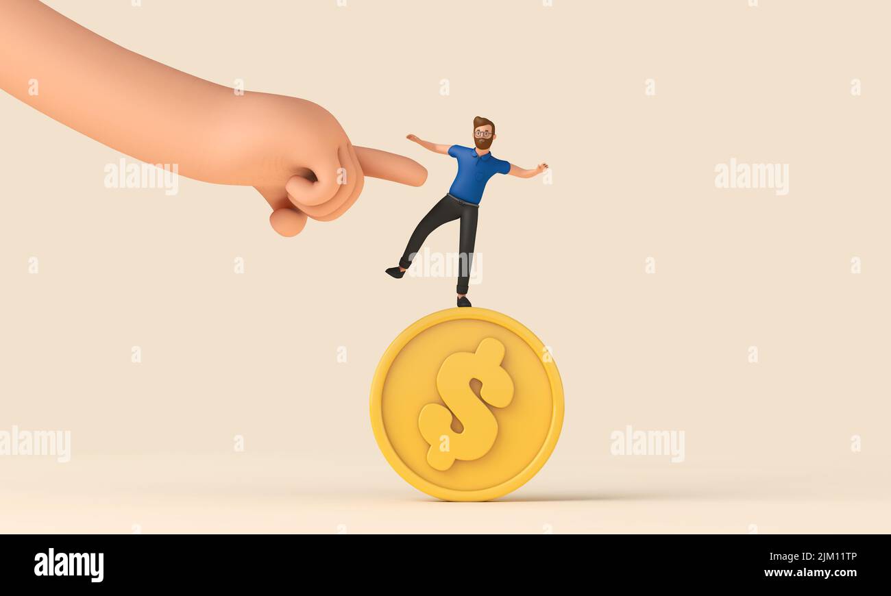 Person balancing on top of a dollar currency coin. Uncertain economy ...