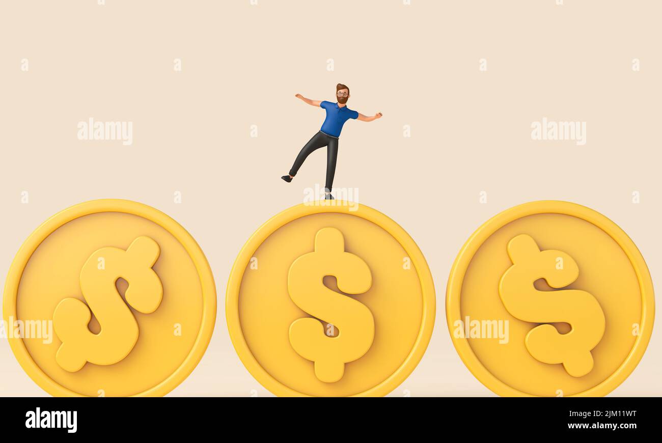 Person balancing on top of a dollar currency coin. Uncertain economy ...