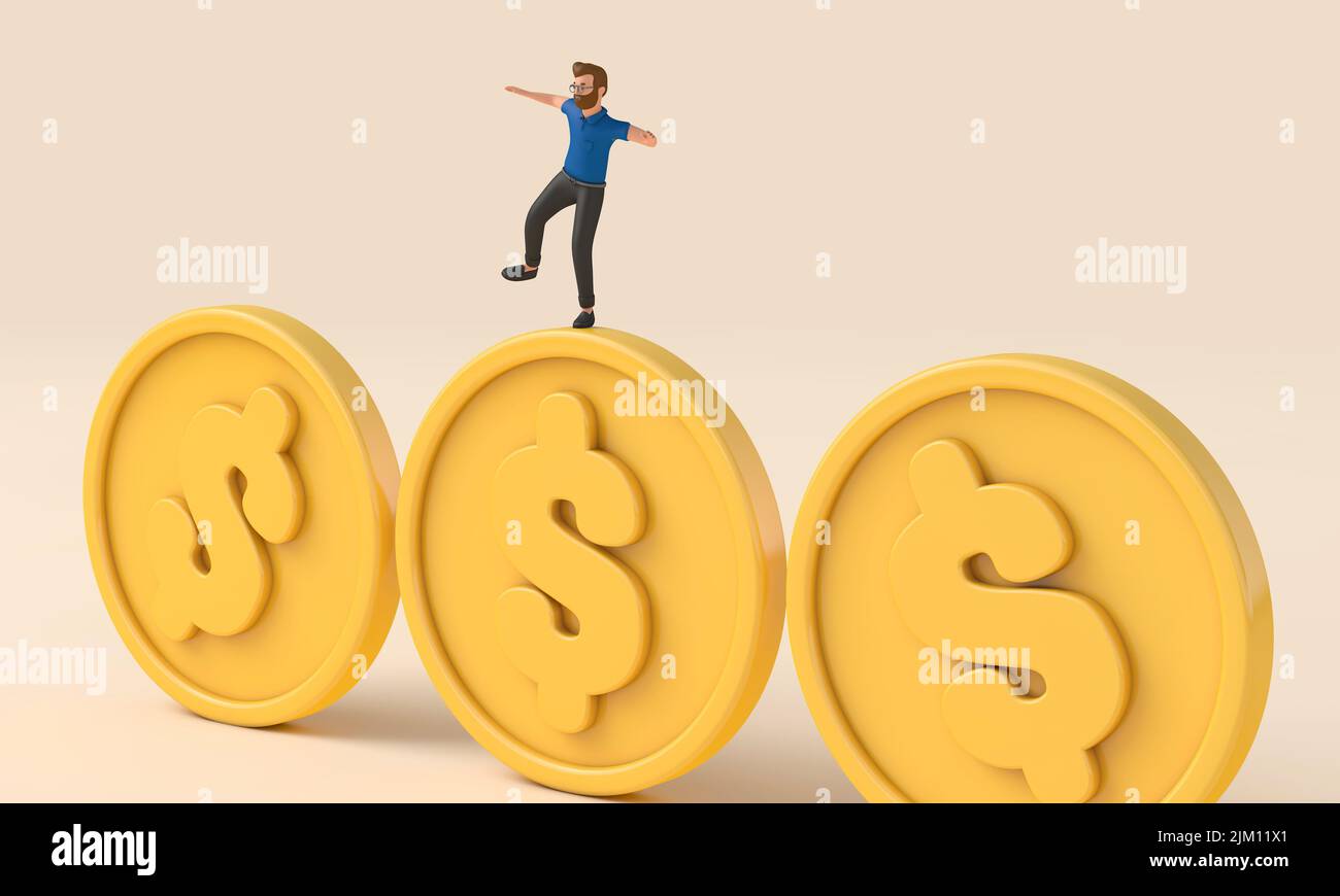 Person balancing on top of a dollar currency coin. Uncertain economy ...