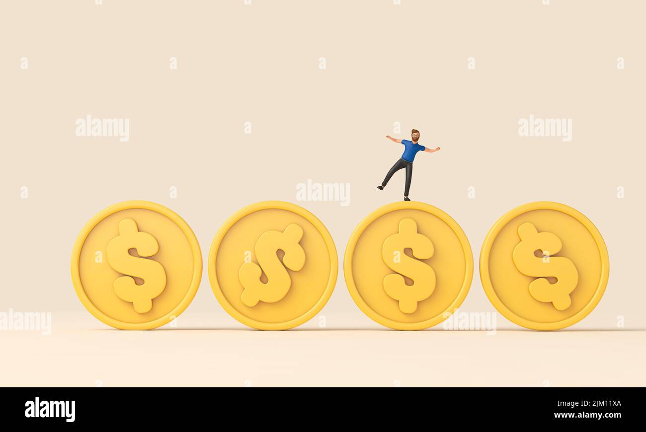 Person balancing on top of a dollar currency coin. Uncertain economy ...