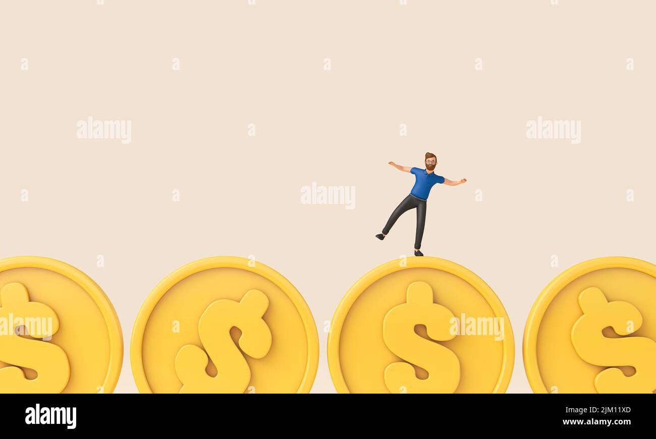 Person balancing on top of a dollar currency coin. Uncertain economy ...