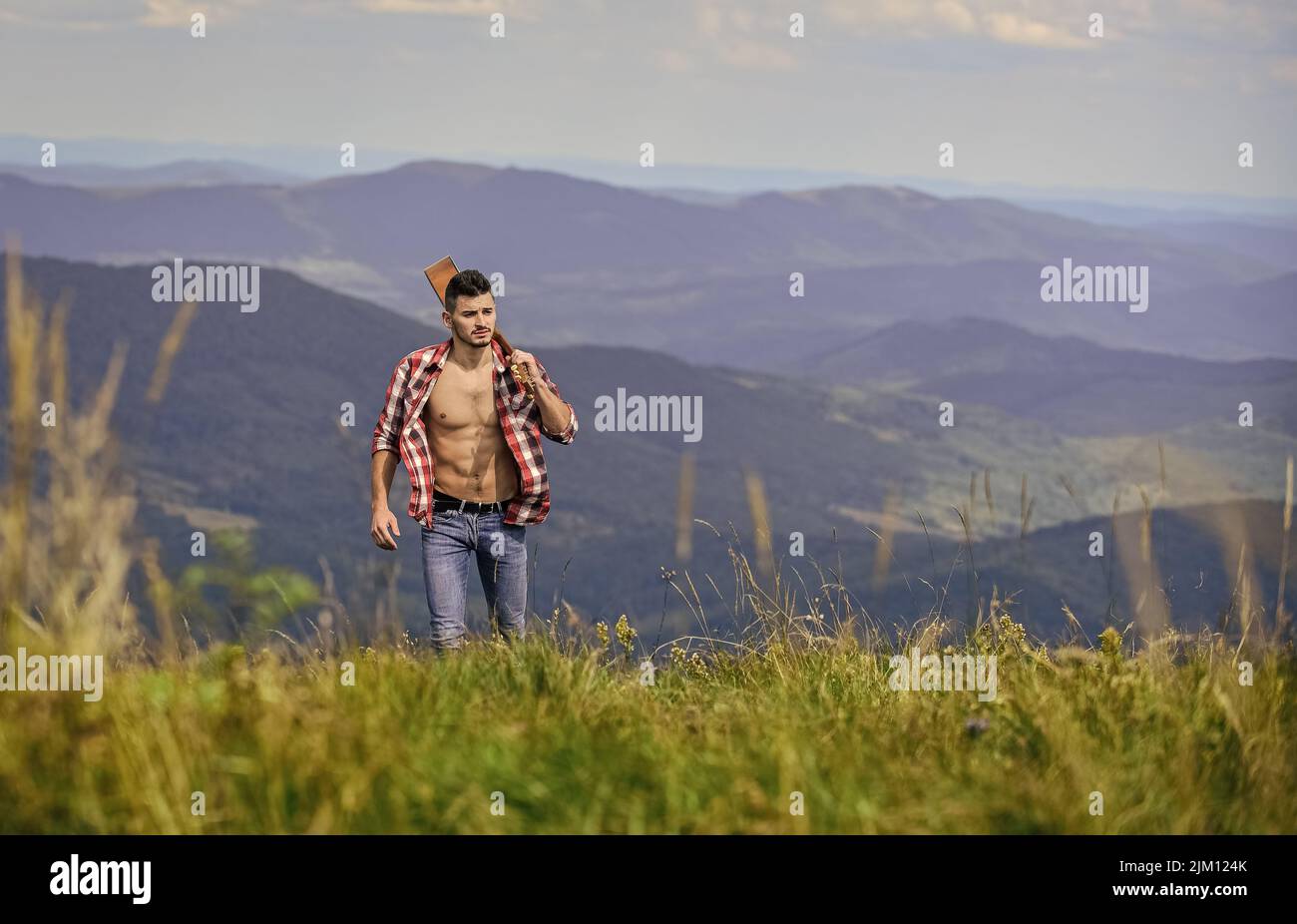 Guy hiker enjoy pure nature. Musician hiker find inspiration in ...