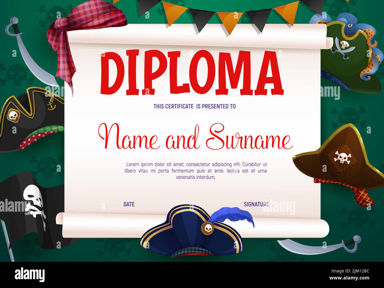 Kids pirate diploma. Corsair sabers, tricorn, cocked hats, flag ...