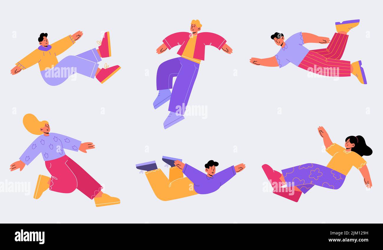 People floating in air, happy free characters flying and jumping in sky ...