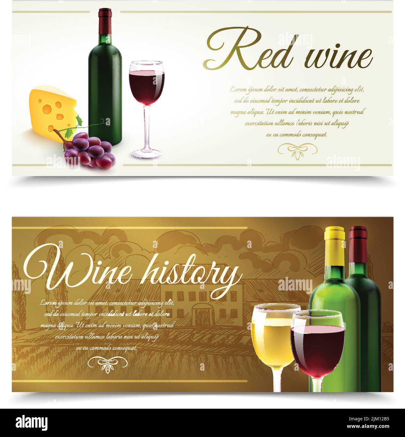 Wine horizontal banners set with cheese and grape bunch isolated vector ...