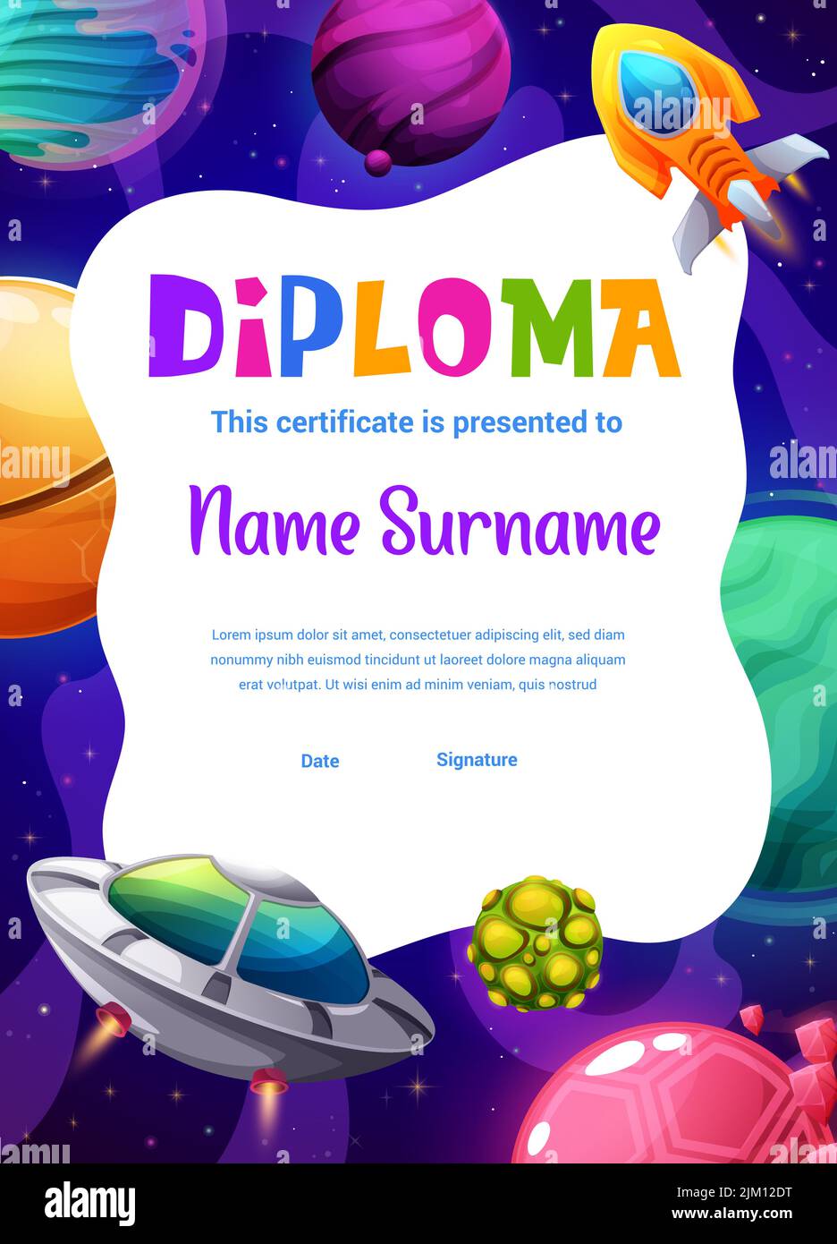 Cartoon space planets, UFO and starship, vector kids diploma ...