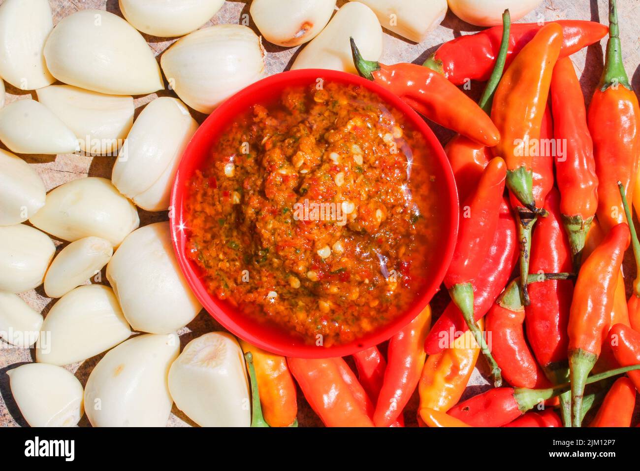 Indonesian garlic chilli sambal or sambel bawang with garlic, chilli ...