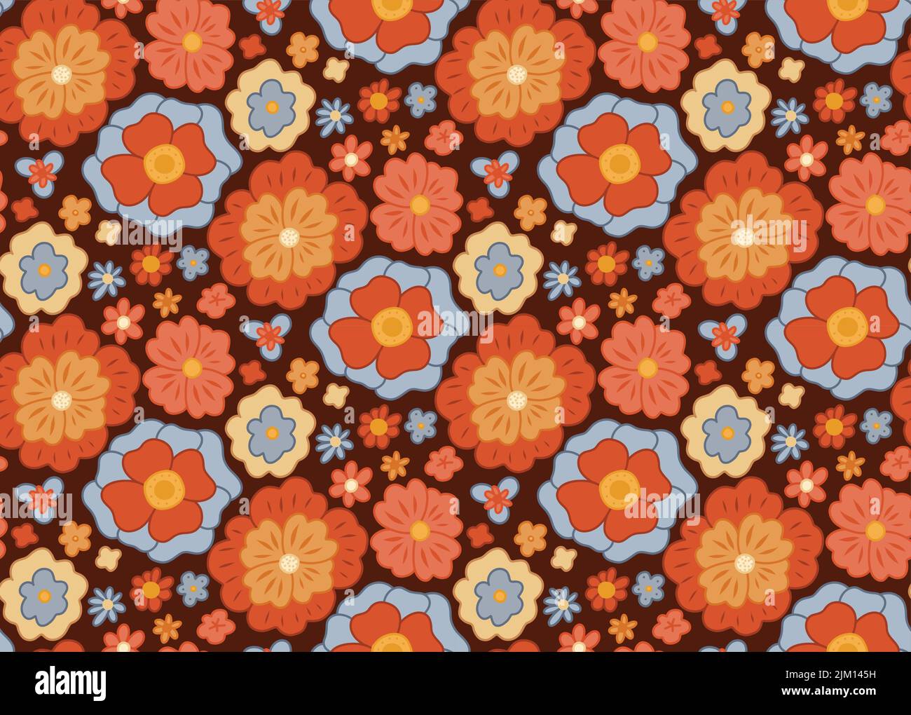 Vector seamless retro pattern with groovy flowers on dark background ...