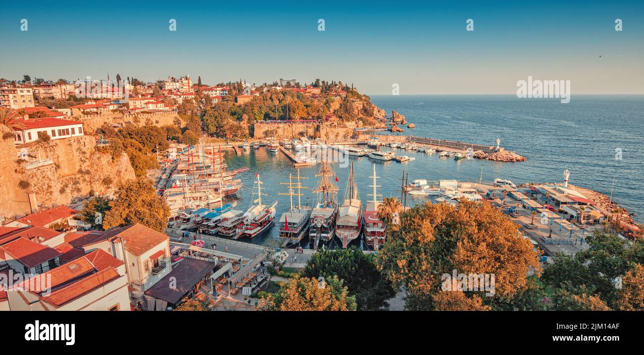 Aerial view of the picturesque bay with marina port with yachts near ...