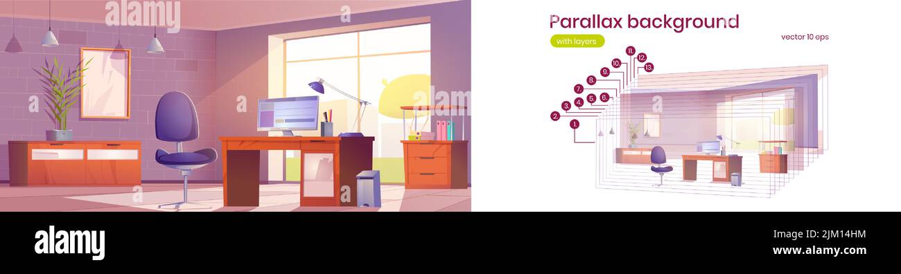 Office workplace with desk, computer, chair and bookcase. Vector ...