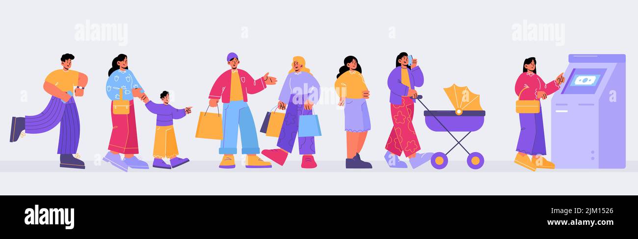 People queue at atm. Clients at bank terminal, banking services concept. Characters stand in ...