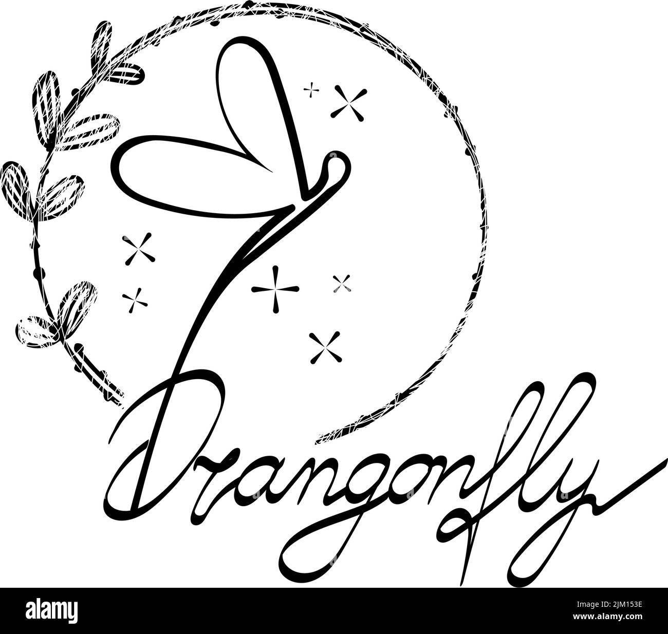 Stylized hand-drawn dragonfly lettering. Logo. Dragonfly in vegetal ...