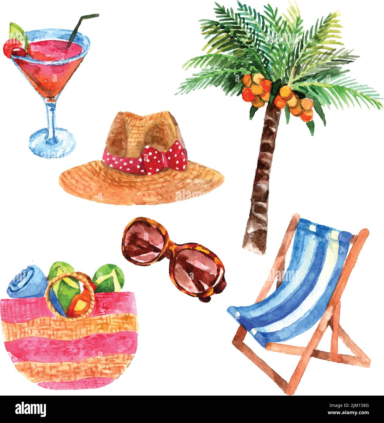 Tropical island vacation travel watercolor icons set with coconut palm ...