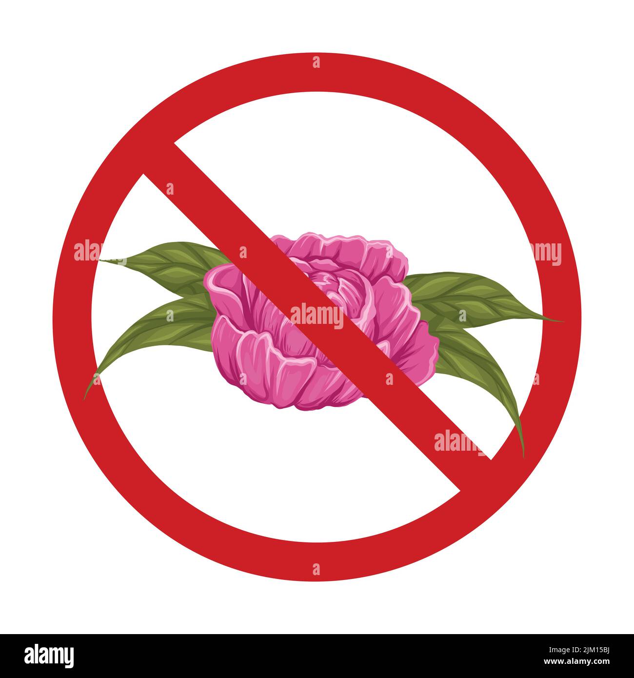 Vector prohibition sign with pink lush flowers. Peonies with leaves in ...