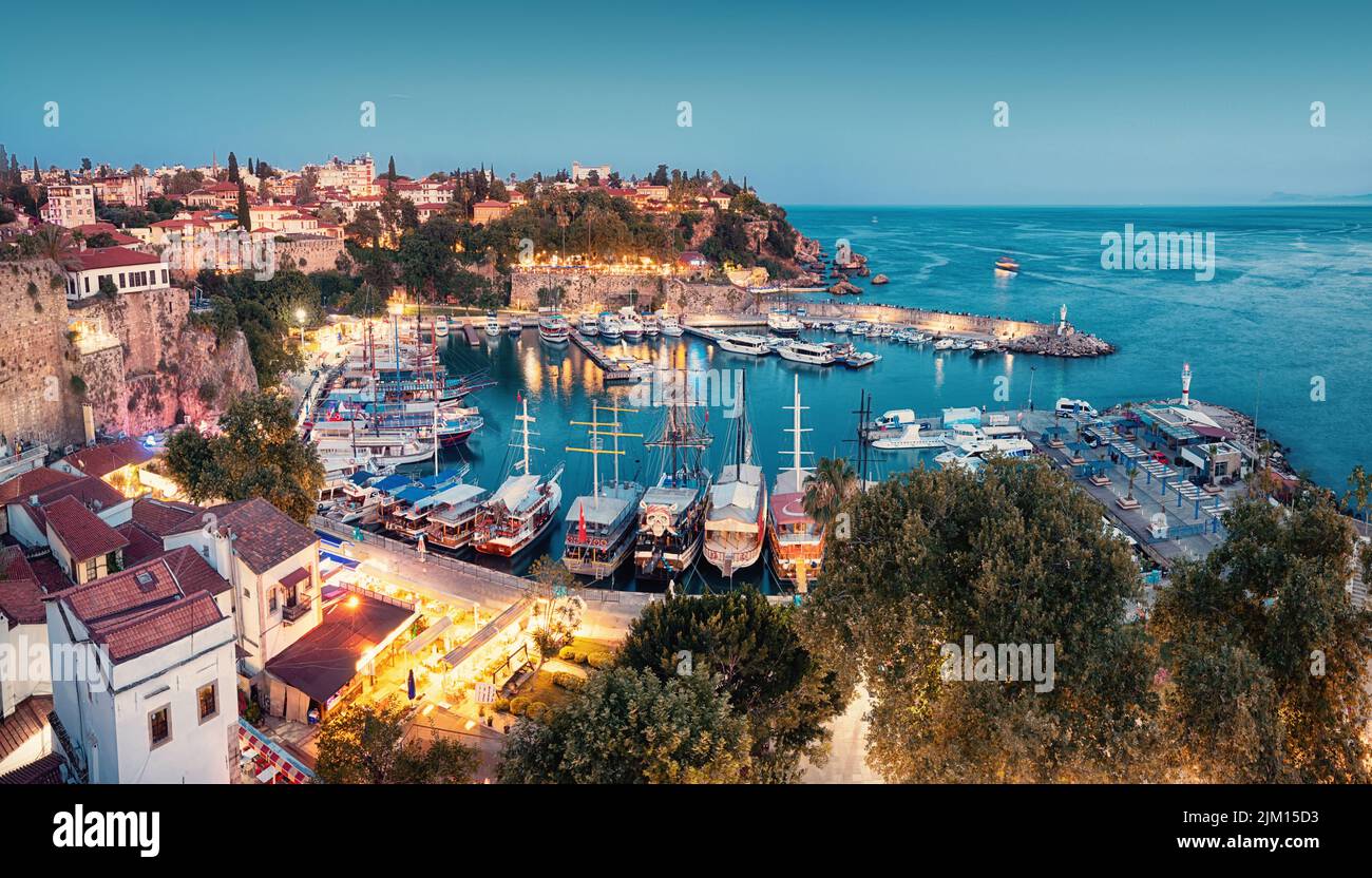 Aerial night view of the picturesque harbor with marina port with ...