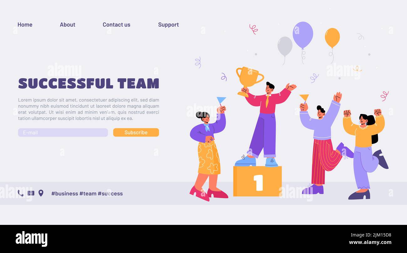 Successful team landing page. Business people celebrate success, leader with golden cup on top ...
