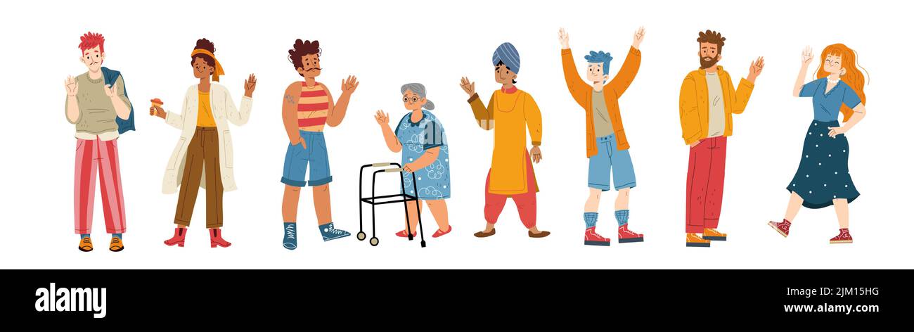 Diverse people say hello, waving hands. Multinational happy young and ...