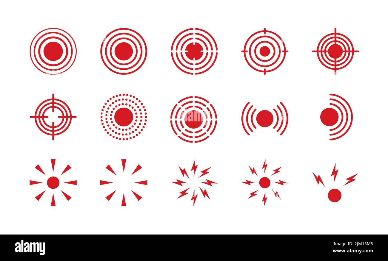 Pain point icons set. Pain red circles mark. Target spot symbols for ...