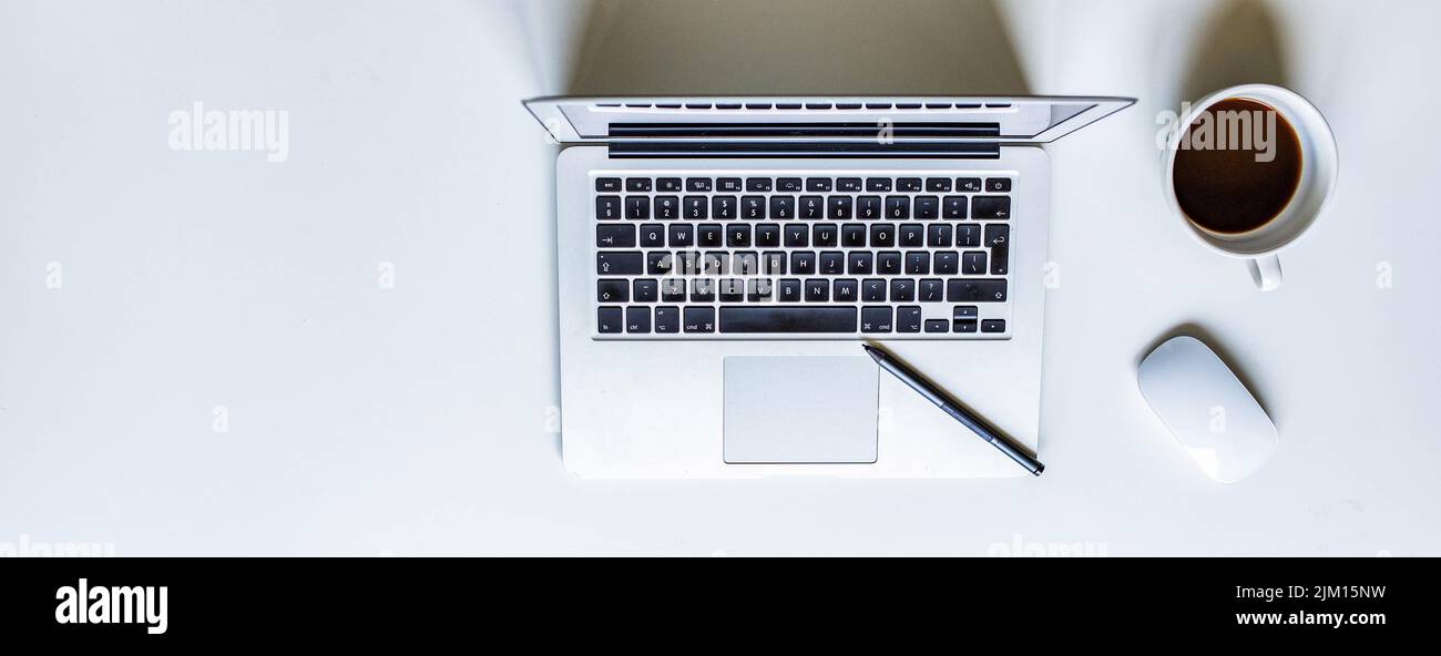 top view of workspace with laptop and mouse minimalist design Stock ...