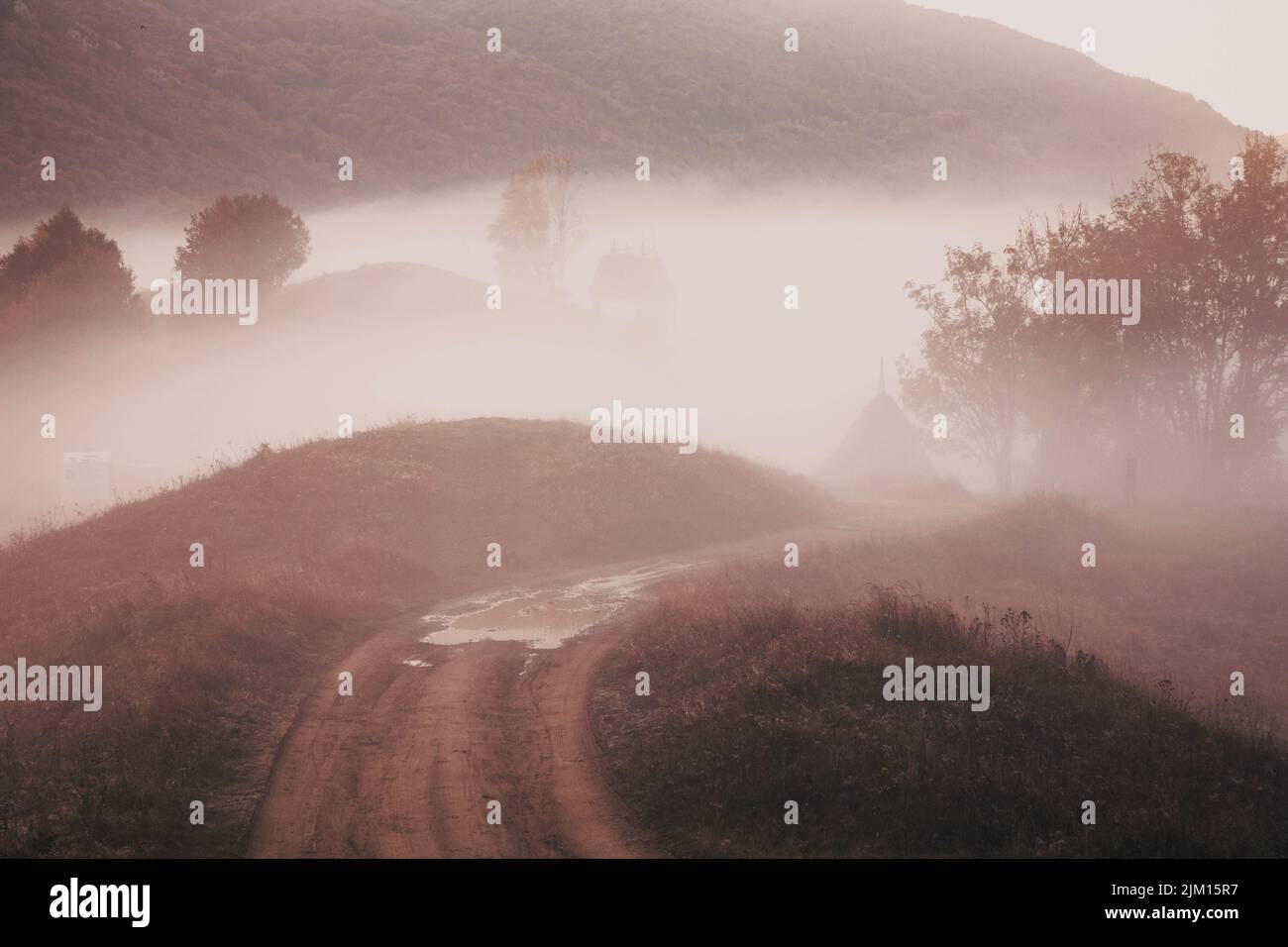 beautiful foggy autumn morning landscape in rural Transylvania Stock ...