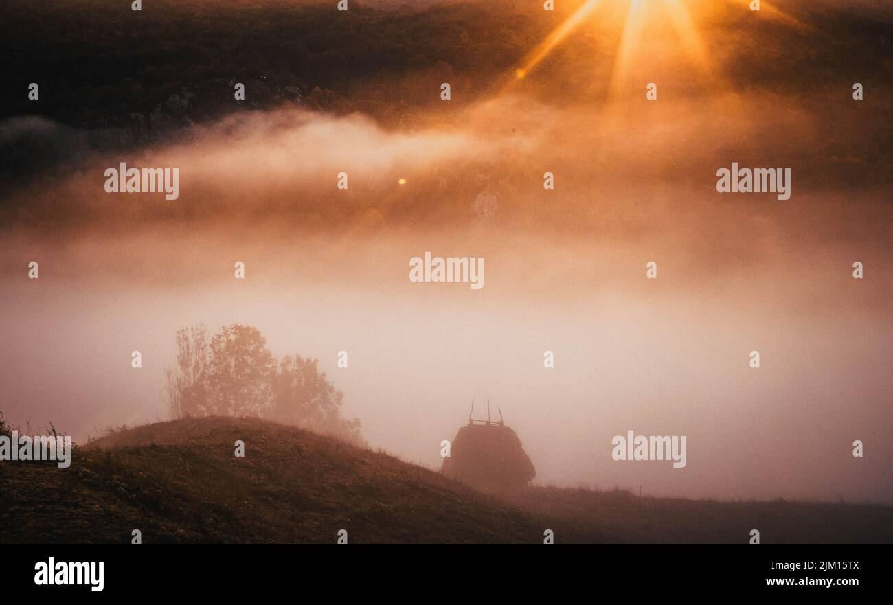 beautiful foggy autumn morning landscape in rural Transylvania Stock ...