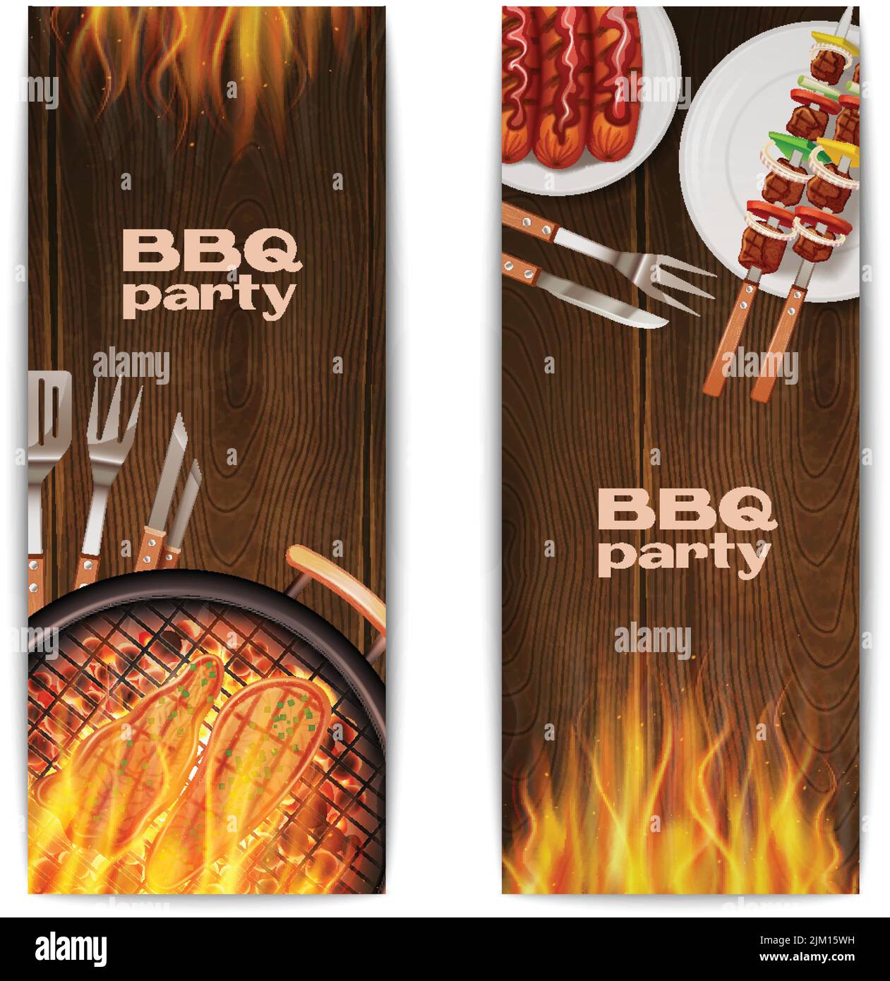 Bbq grill party vertical banners set with realistic hot fried on fire ...