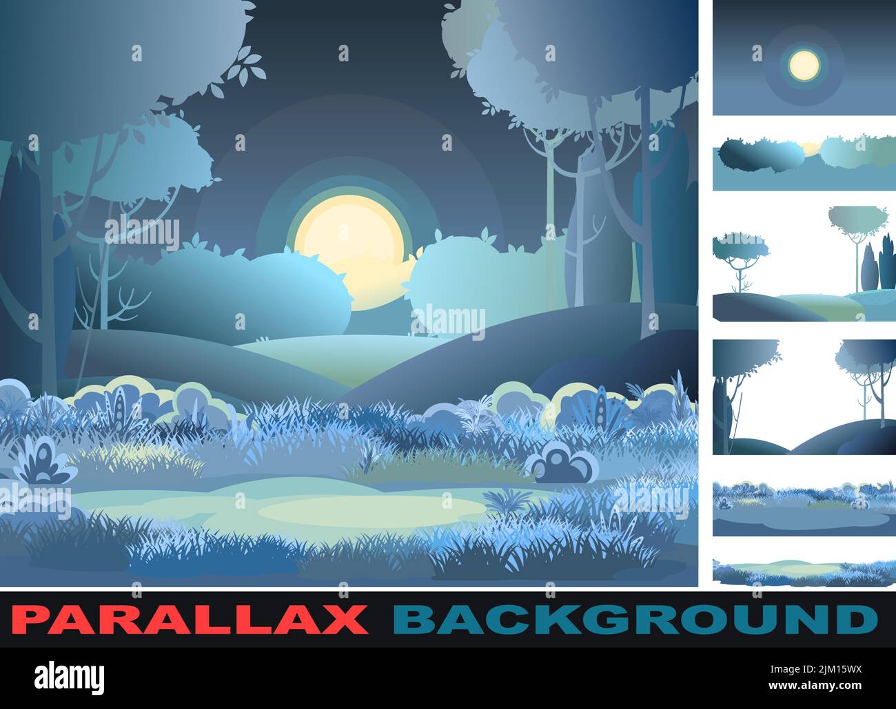 Night beautiful rural landscape. Set parallax effect. Cartoon style ...